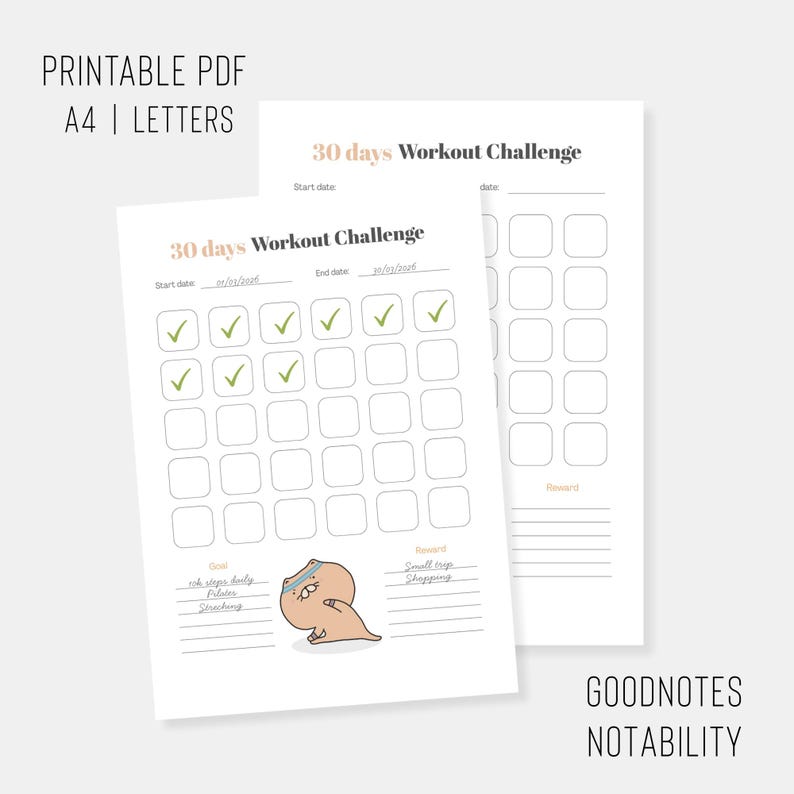 30 Day Workout Challenge Printable PDF | Fitness Tracker Goal Reward A4 ...