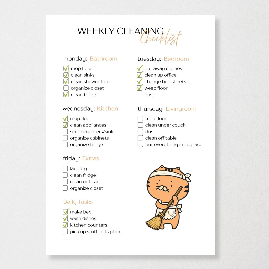Weekly Cleaning Schedule Printable PDF | Room by Room Checklist Cat ...