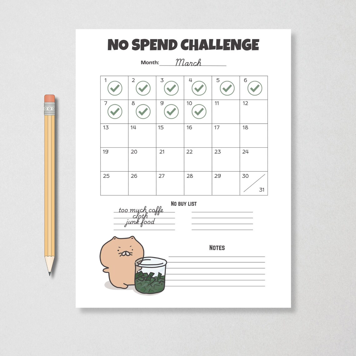 No Spend Challenge With Character | Spending Tracker | Printable PDF - Etsy