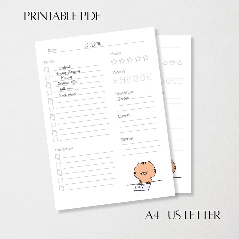 Cat Illustration Daily To-do List | Printable Task Planner (A4/US ...
