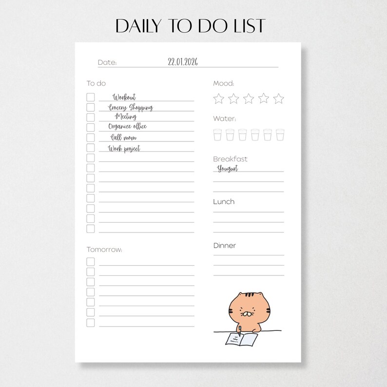 Cat Illustration Daily To-do List | Printable Task Planner (A4/US ...
