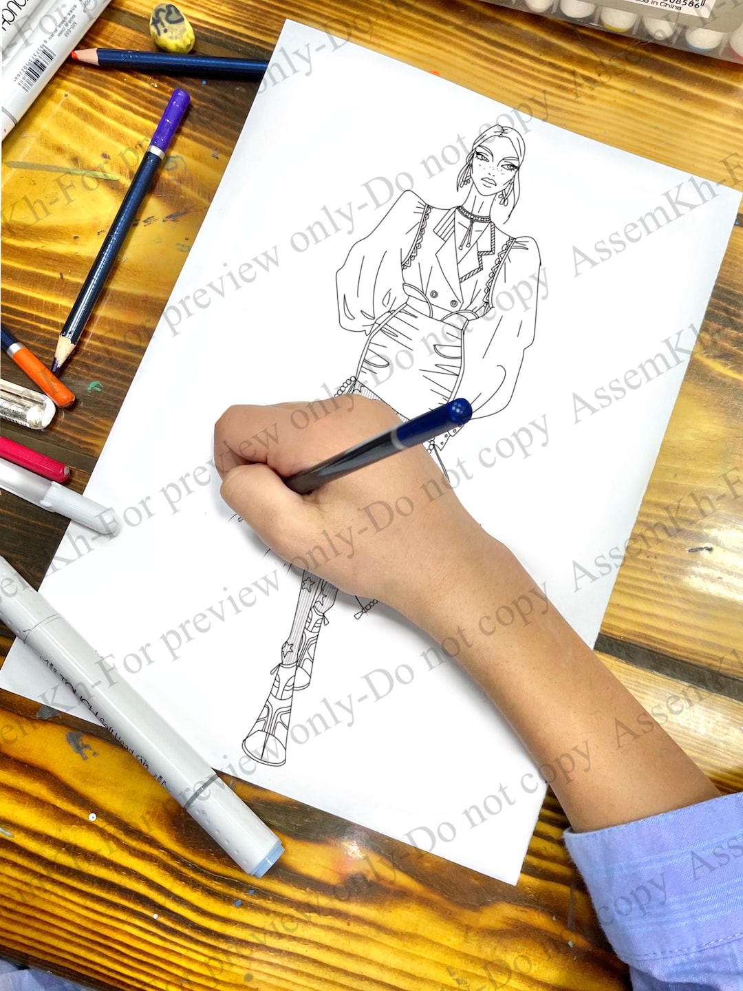 Coloriage Mode A4 – Illustration de fille styliste, dessin au trait à ...