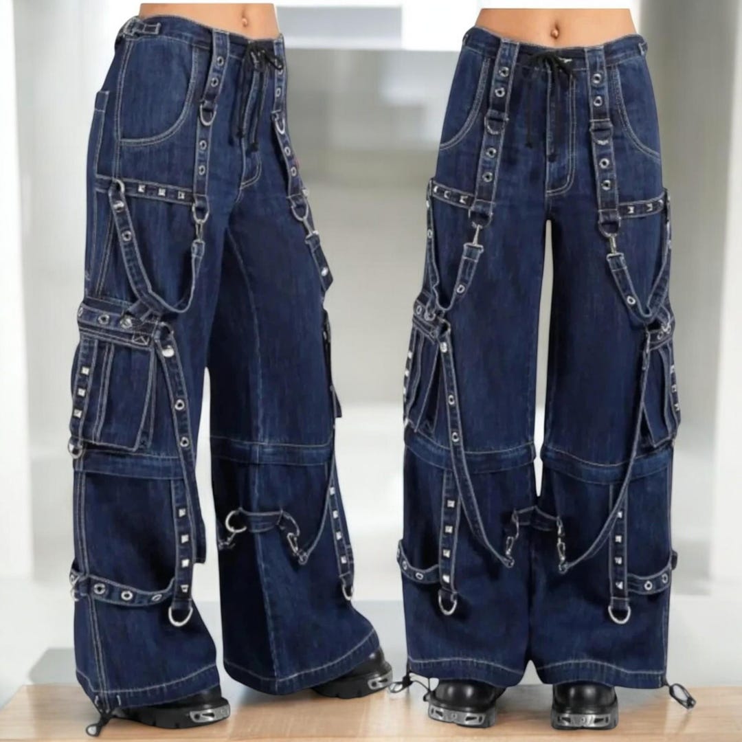 Handmade Gothic Punk Blue Jeans, Wide Leg Tripp Style Denim Cargo Pants ...