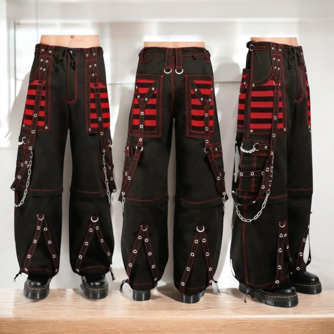 Handmade Gothic Punk Tripp Pants, Black Red Chain Cargo Techwear Pants ...