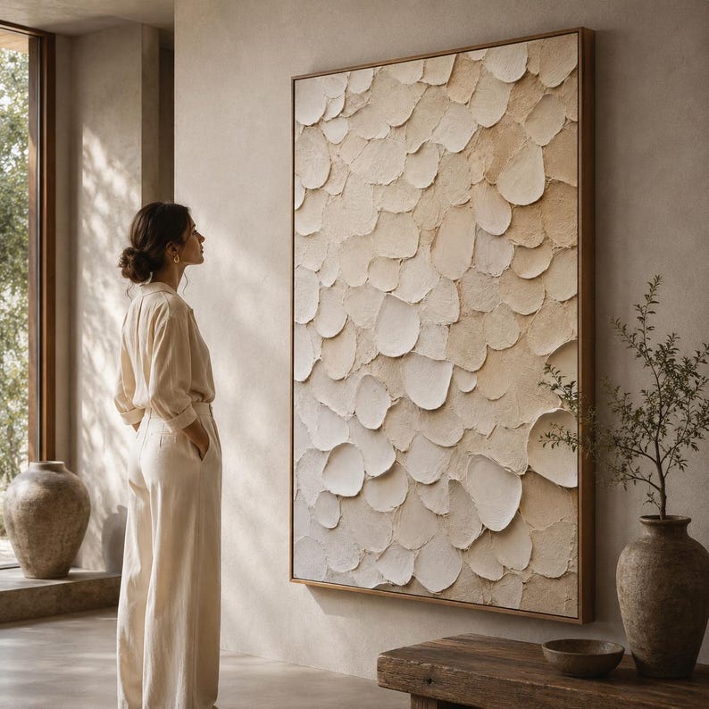 Textured Plaster Petal Artwork, Organic Abstract Beige Canvas, Modern ...