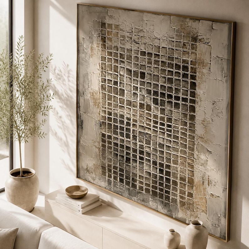 Textured Grid Abstract Wall Art, Modern Neutral Canvas Painting ...