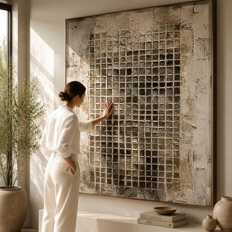 Textured Grid Abstract Wall Art, Modern Neutral Canvas Painting ...