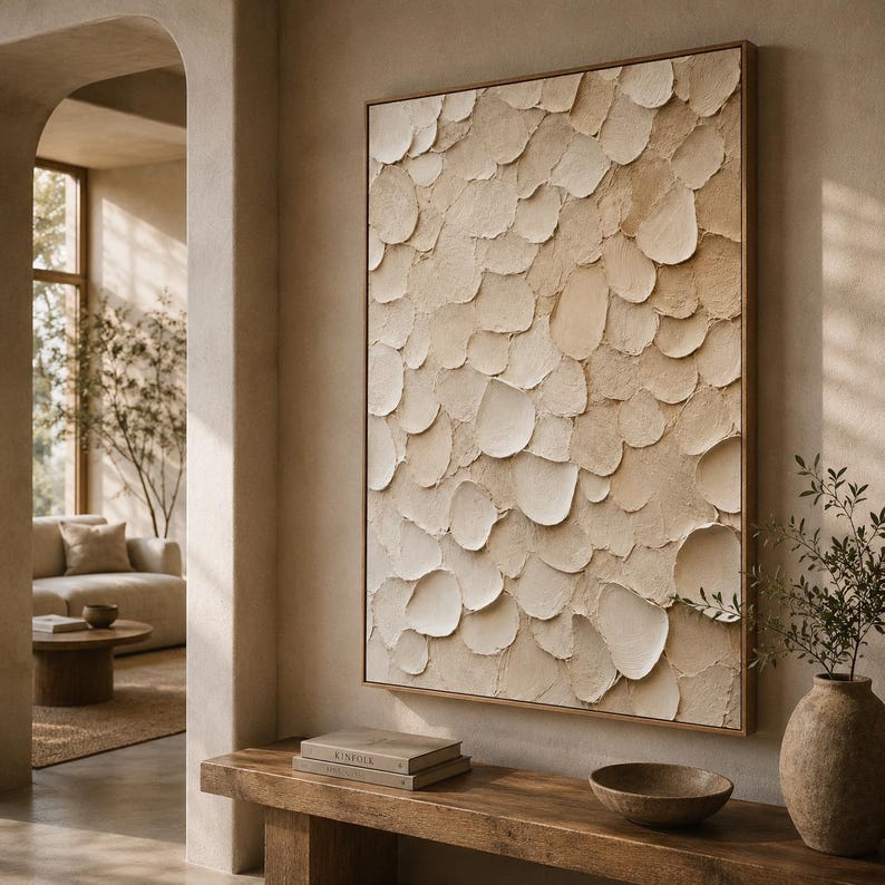 Textured Plaster Petal Artwork, Organic Abstract Beige Canvas, Modern ...