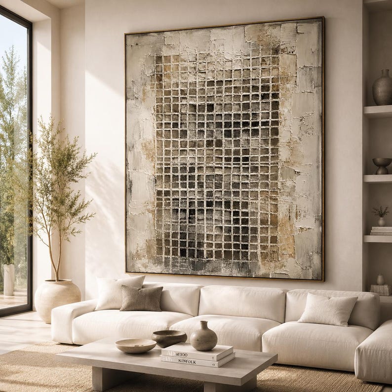 Textured Grid Abstract Wall Art, Modern Neutral Canvas Painting ...