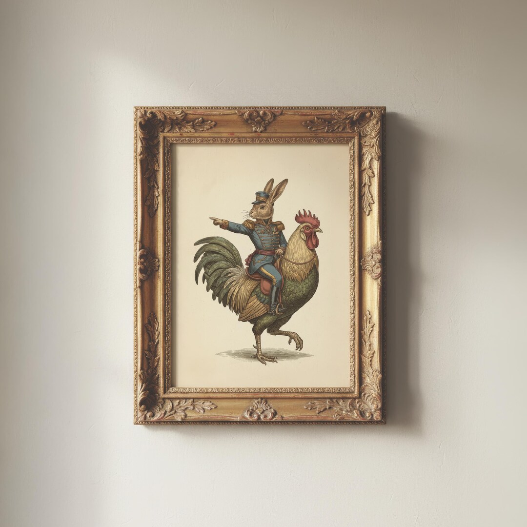 Rabbit General Riding Rooster Vintage Art Print, Whimsical Animal Wall ...