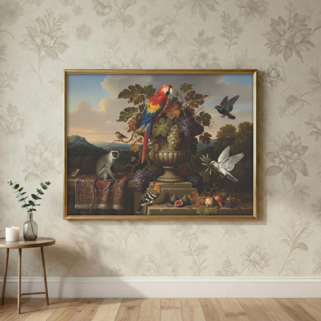 Antique Tropical Still Life Oil Painting, Exotic Parrot & Monkey Wall ...