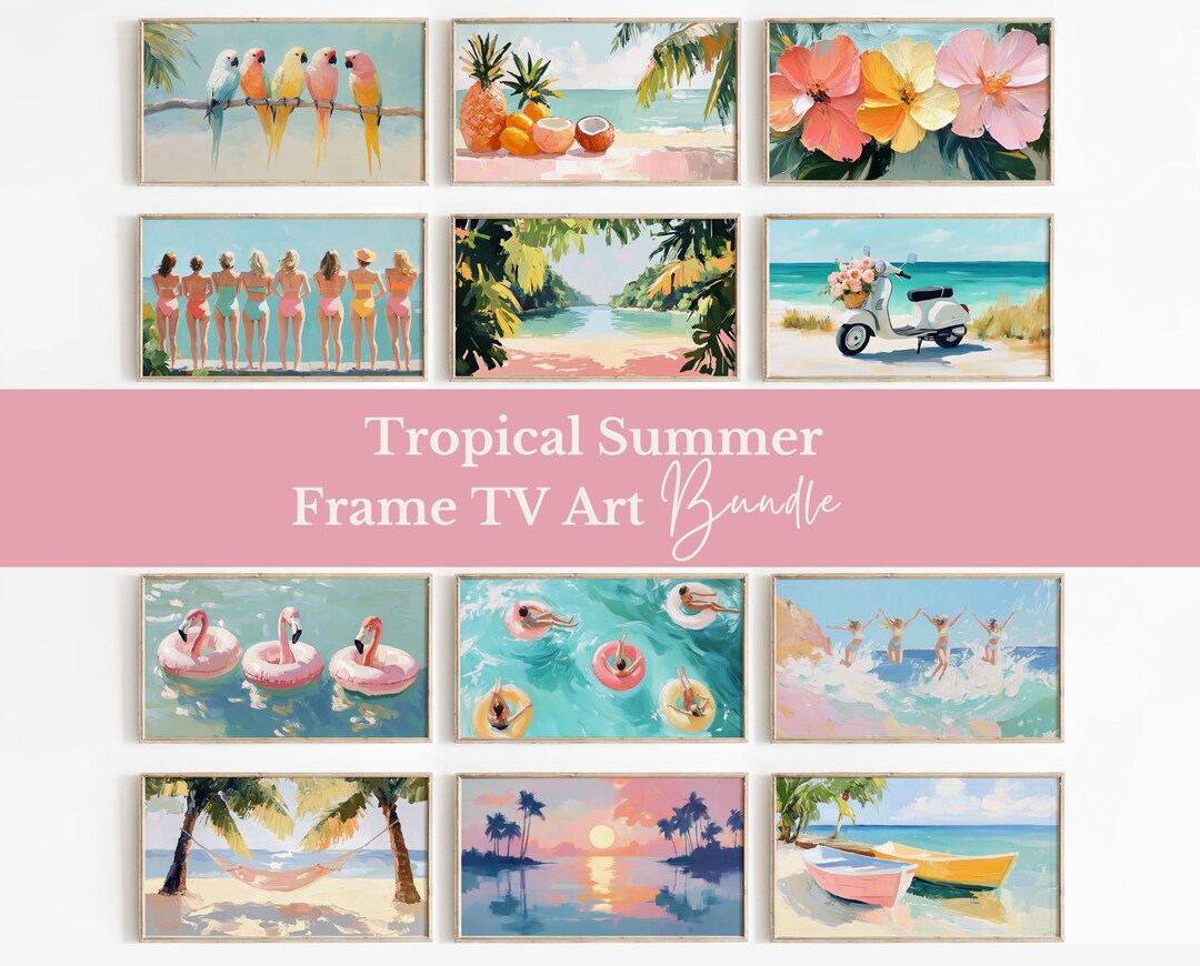 Tropical Summer Frame TV Art Set of 12 | Colorful Coastal Decor, Retro ...