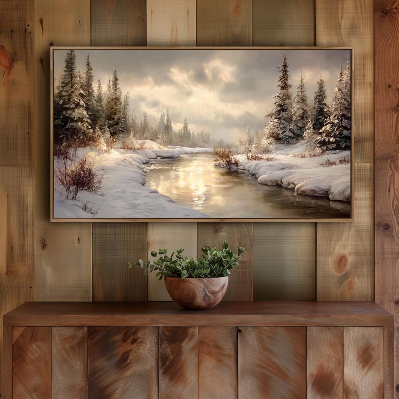 Winter Samsung Frame TV Art, Icy River Through Snowy Pines, Cozy Rustic ...