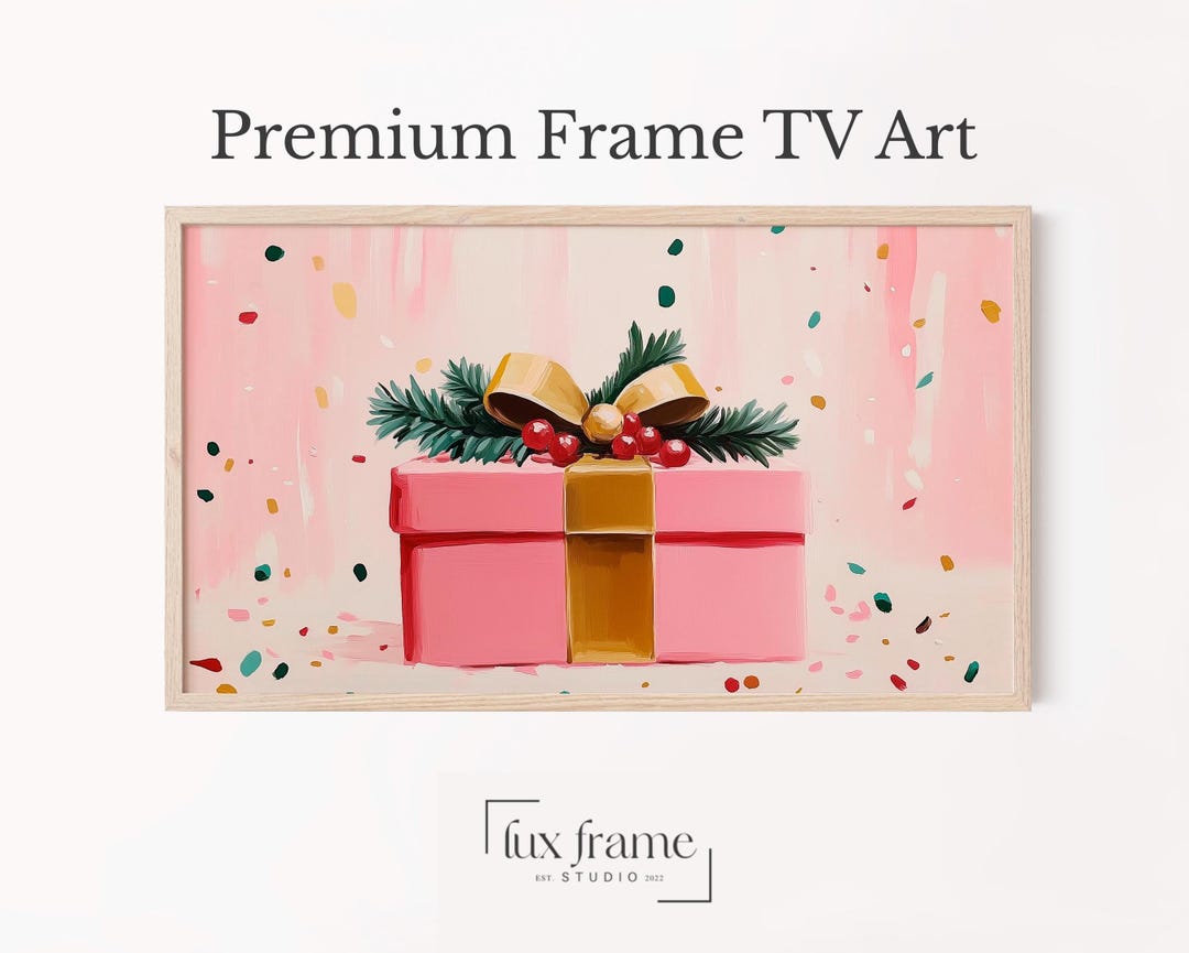 Christmas Frame TV Art, Pink Gift Box With Gold Ribbon Decor, Festive ...