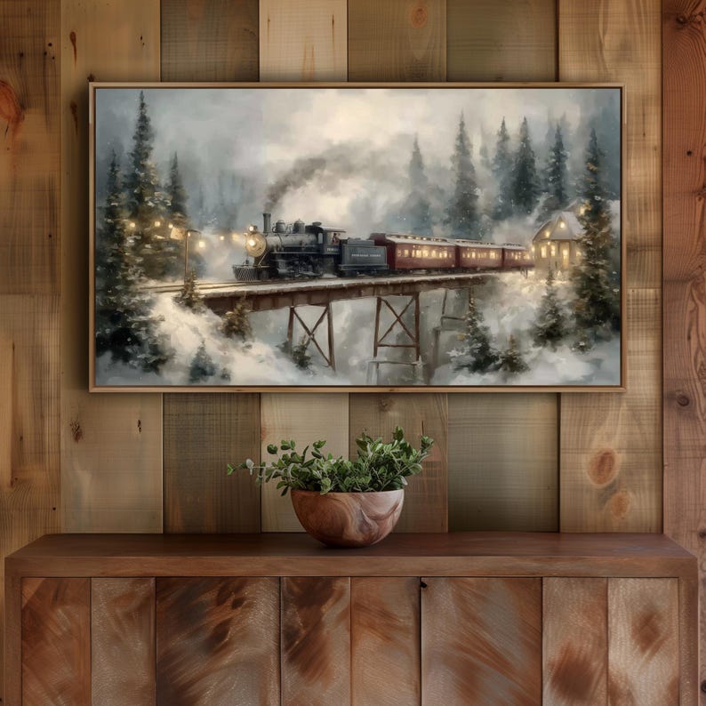 Vintage Steam Locomotive Frame TV Art, Moody Winter Railway Art for ...