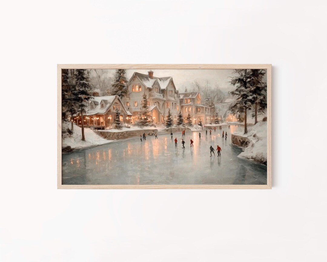 Cozy Winter Village Ice Skating, Samsung Frame TV Art, Painterly Winter ...