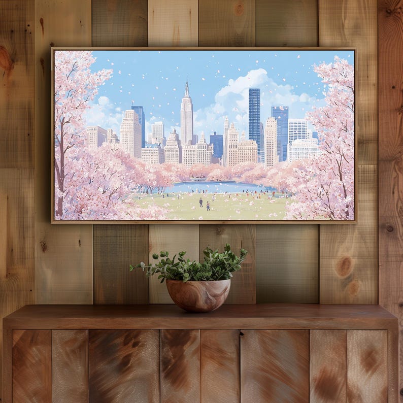Spring in New York Frame TV Art, Central Park Landscape, Pastel Urban ...