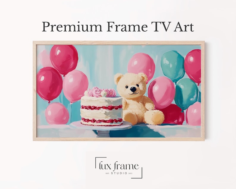 Kids Birthday Frame TV Art, Cute Teddy Bear Painting With Birthday Cake ...
