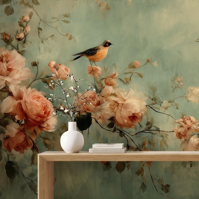 Vintage Floral Bird Wall Mural, Peel Stick Botanical Wall Mural, Non ...