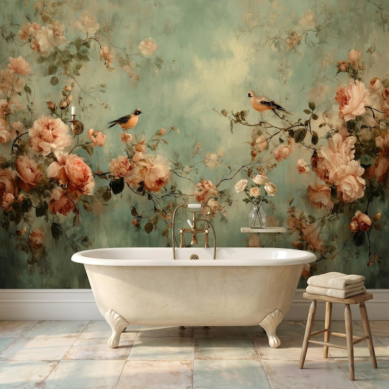 Vintage Floral Bird Wall Mural, Peel Stick Botanical Wall Mural, Non ...