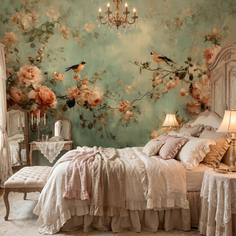 Vintage Floral Bird Wall Mural, Peel Stick Botanical Wall Mural, Non ...