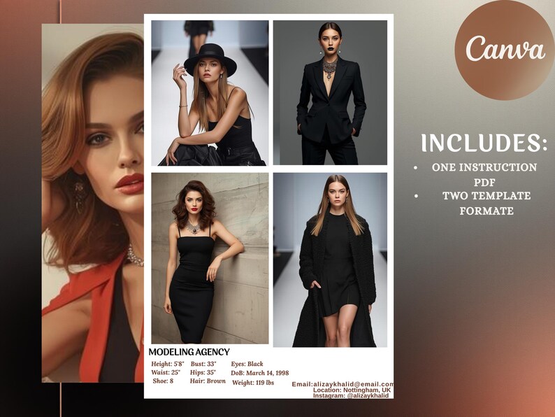 Editable Canva Model Comp Card Template (A4, Letter, 5x8), Fahion Model ...