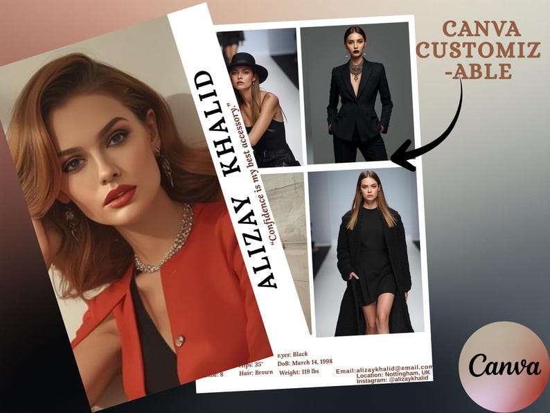 Editable Canva Model Comp Card Template (A4, Letter, 5x8), Fahion Model ...