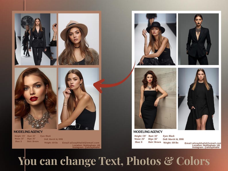 Editable Canva Model Comp Card Template (A4, Letter, 5x8), Fahion Model ...