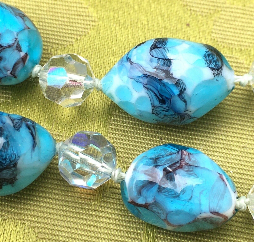 French 1930s Women FLAPPER LONG NECKLACE~ Blue Marbled Czech Glass ...