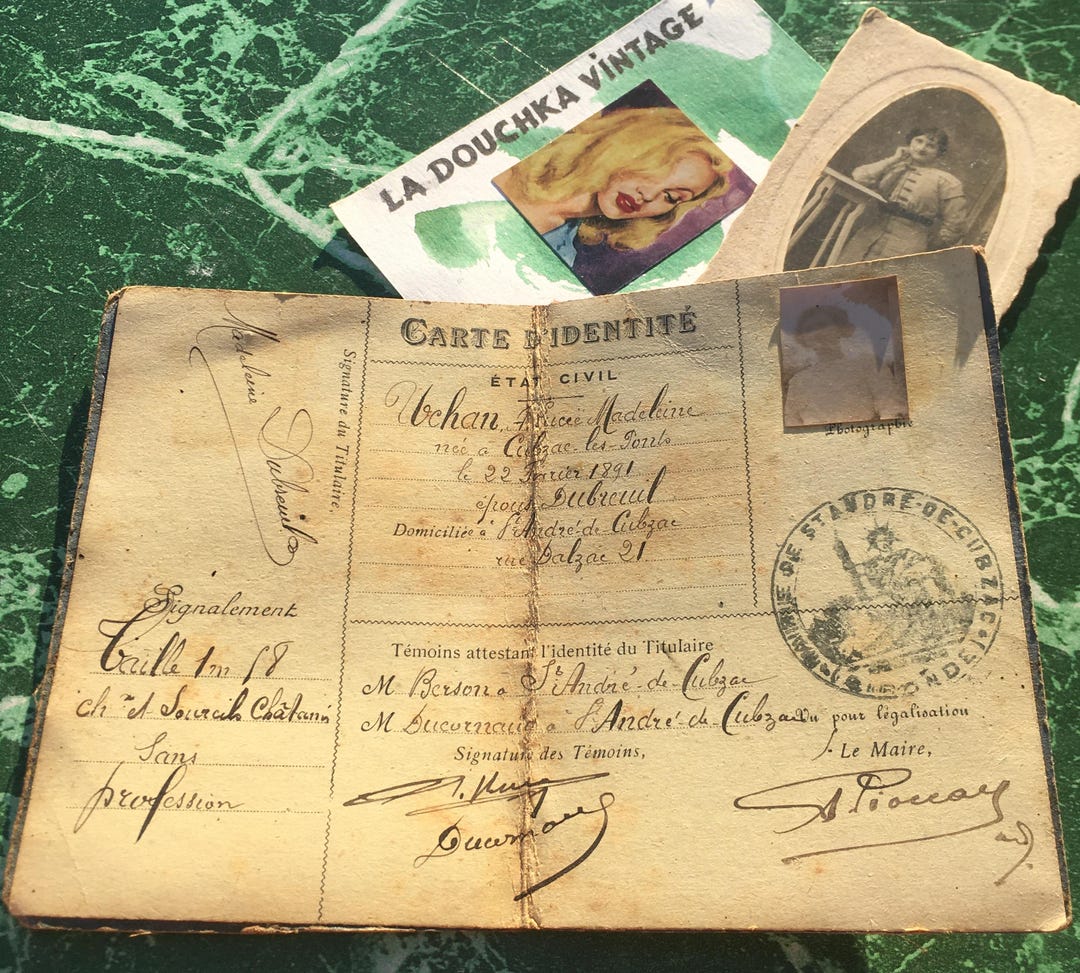 French 1910s Young Woman IDENTIFICATION ID CARD & 1915 Small Cabinet ...