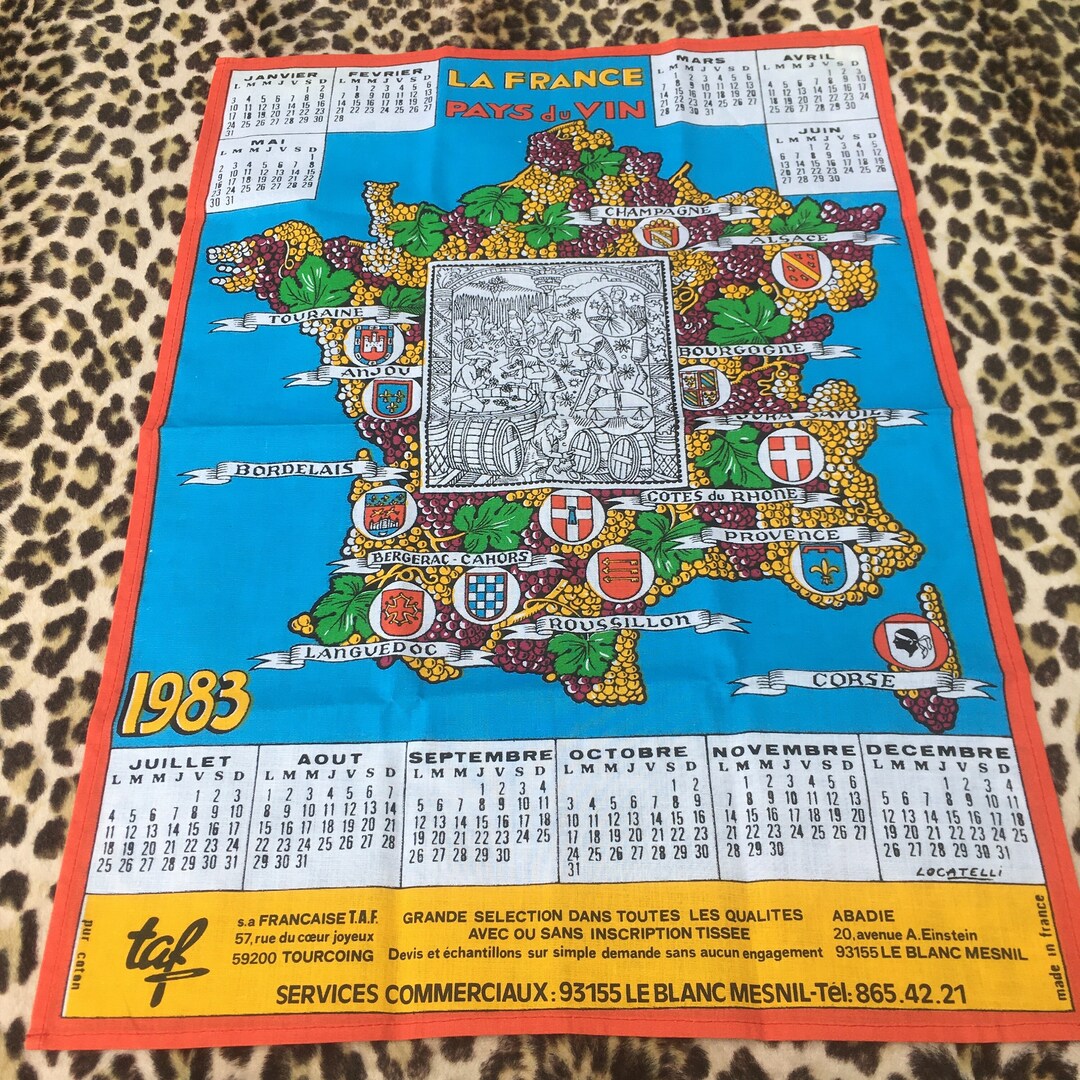 French 1980s VINEYARDS WINE REGIONS Map Kitchen Towel ~ 1983 Calendar ...