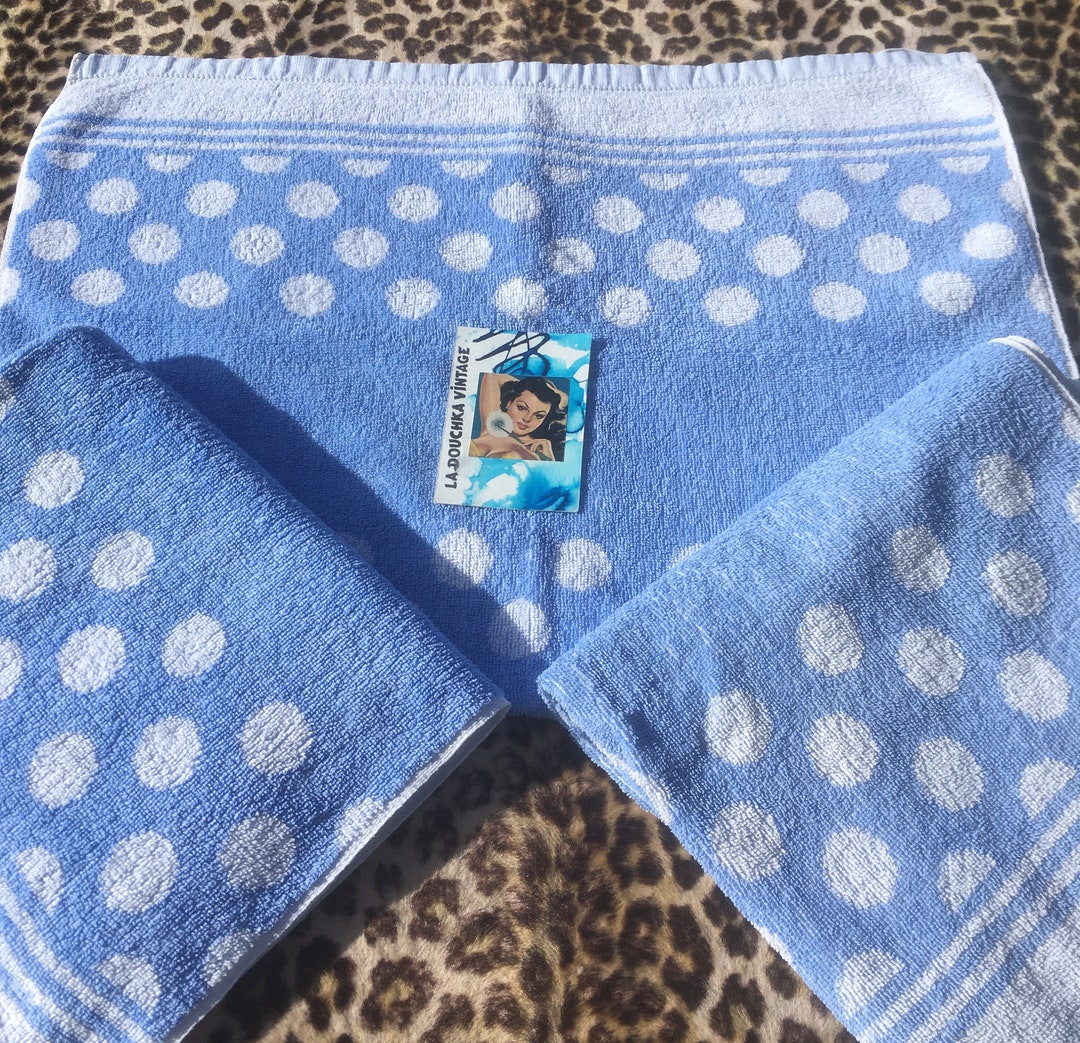FRENCH 1950s Women BATH TOWELS ~ Set of 3 ~ Lovely Blue & White Polka ...