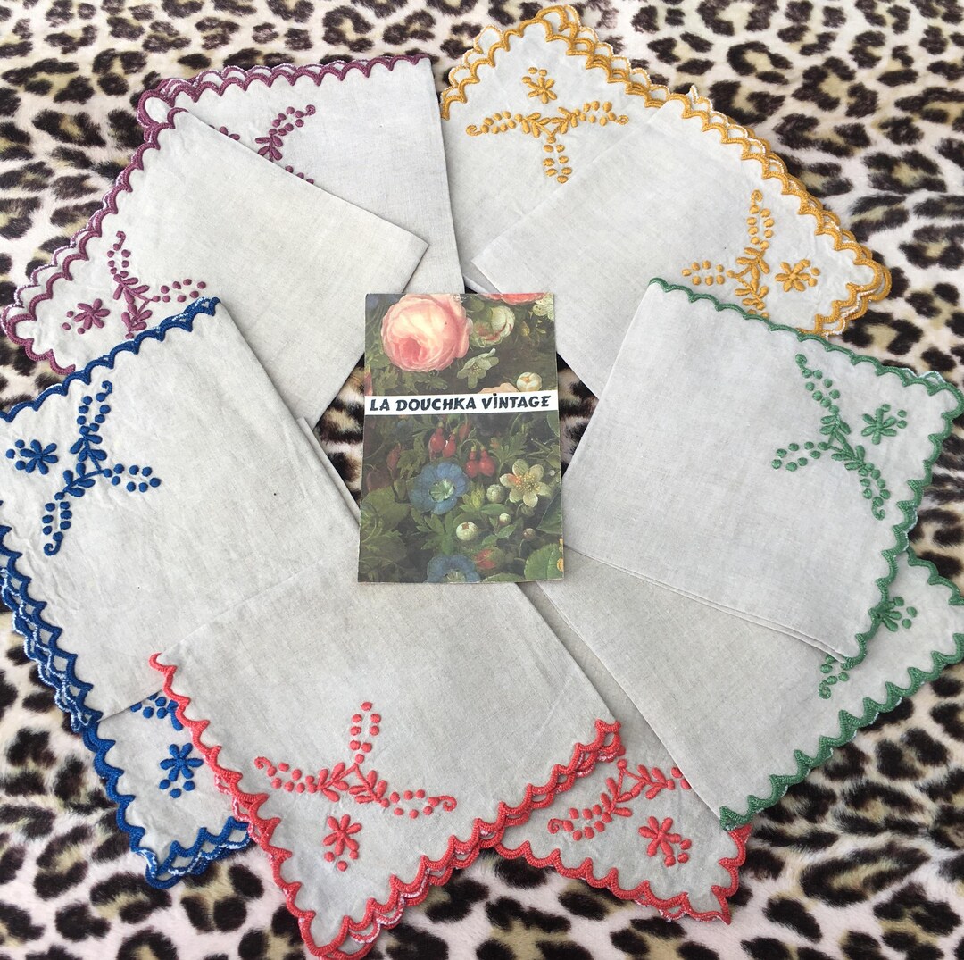FRENCH 1920s LINEN NAPKINS~ Set of 10 ~ Floral & Dots Embroideries~ 5 ...