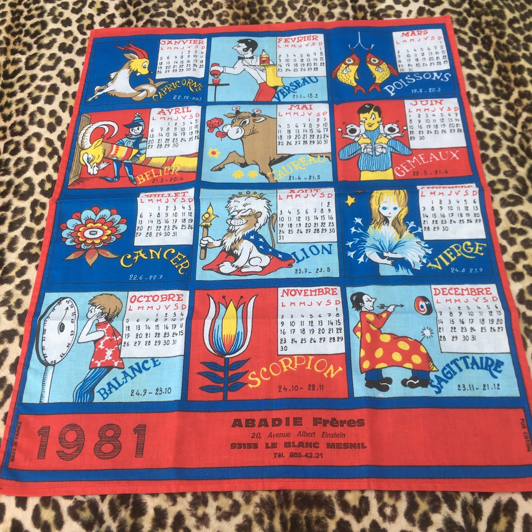 FRENCH 1980s ZODIAC SIGNS Cotton Kitchen Towel ~ 1981 Calendar ...