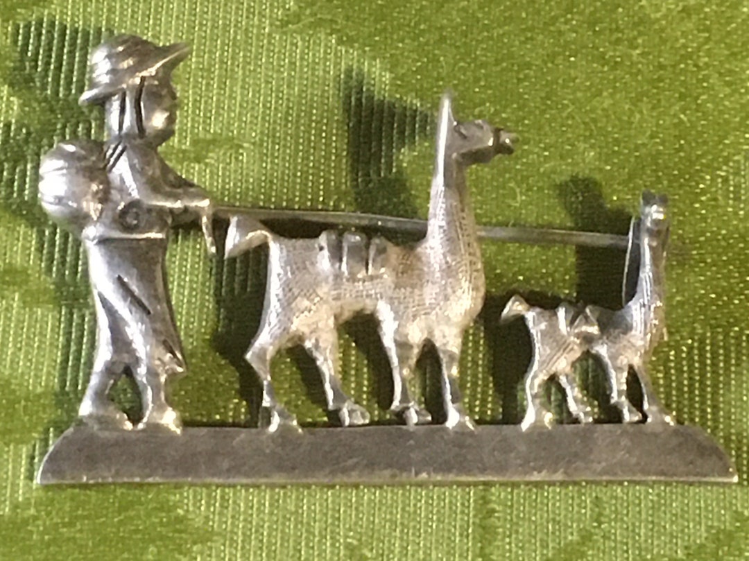 Peruvian 1950s Sterling Silver Brooch LLAMAS & HERDSMAN Signed ...