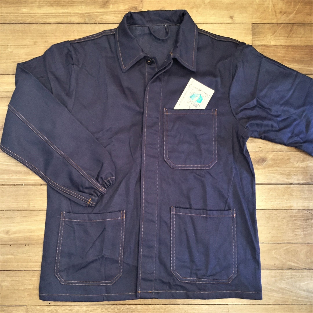 French 1970s Men Vintage Chore Work Overshirt Jacket - Deep Blue ...