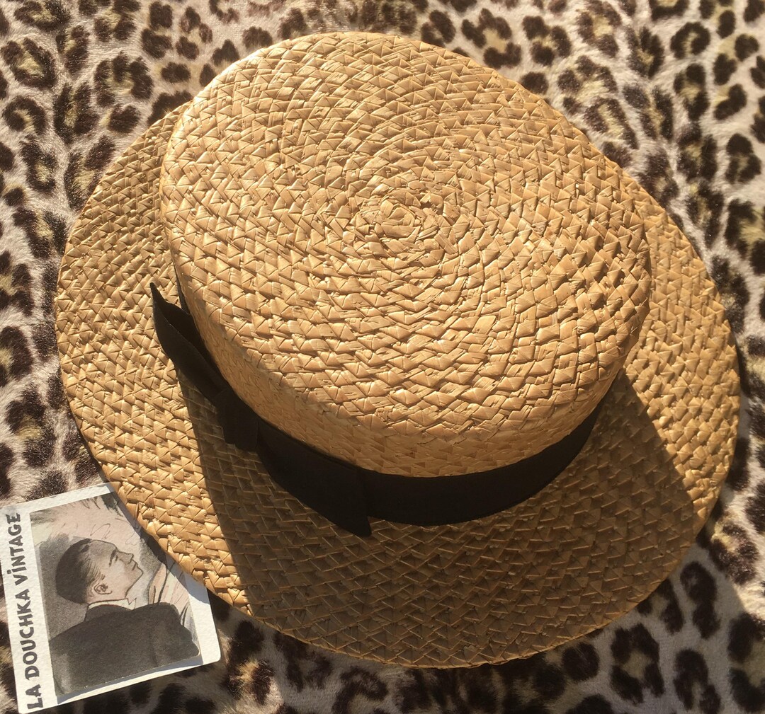 English Edwardian 1900s Men BOATER HAT~ Straw & Black Gros-grain Ribbon ...