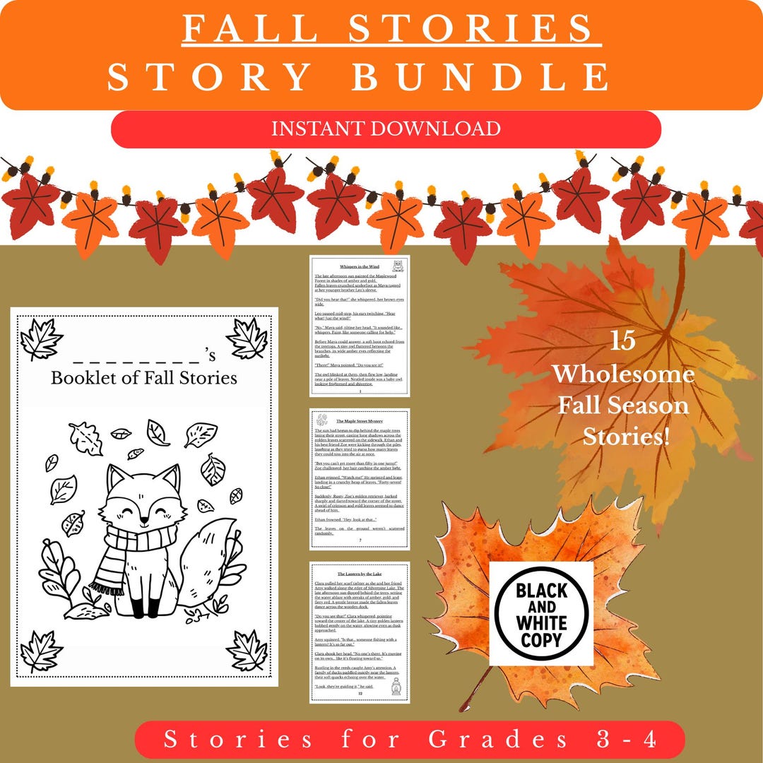 Printable Fall Stories Booklet - Grades 3-4 Reading (black and White ...