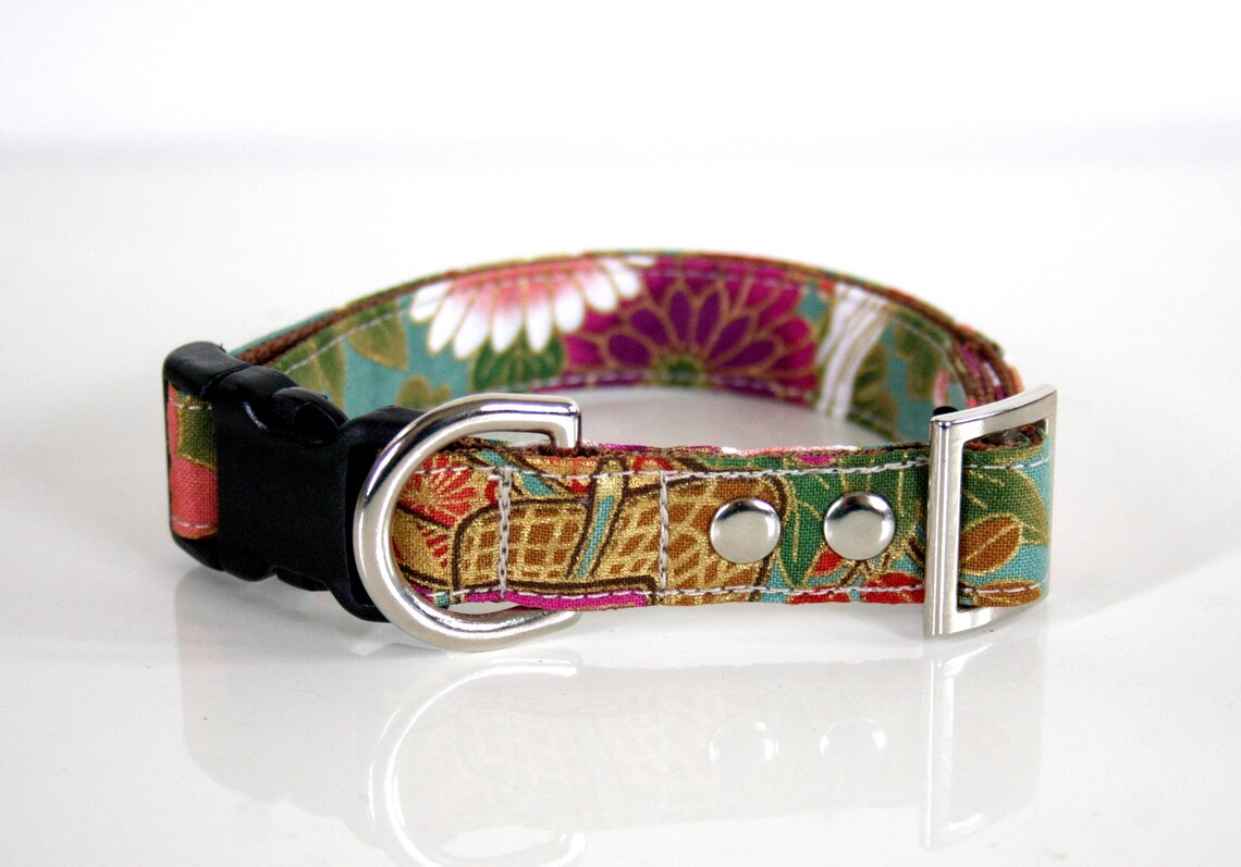 Japanese Kimono Floral Dog Collar Silver Moss Green Gold - Etsy