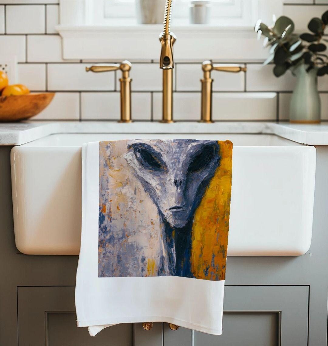 Impasto Alien Portrait Organic Tea Towel, Artistic UFO Kitchen Dish ...