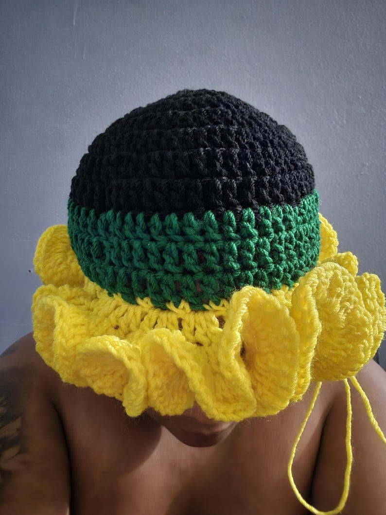 Crochet Ruffle Hat in Jamaican Colors | Rasta Beanie | Handmade Reggae ...