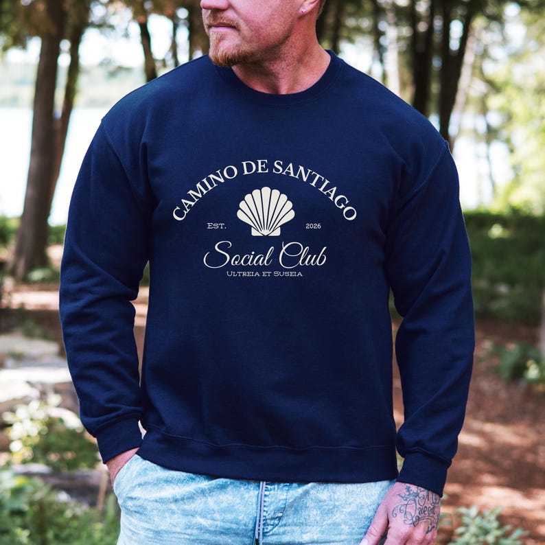 Ultreia Social Club Camino De Santiago Sweatshirt – Navy Beige Shell ...