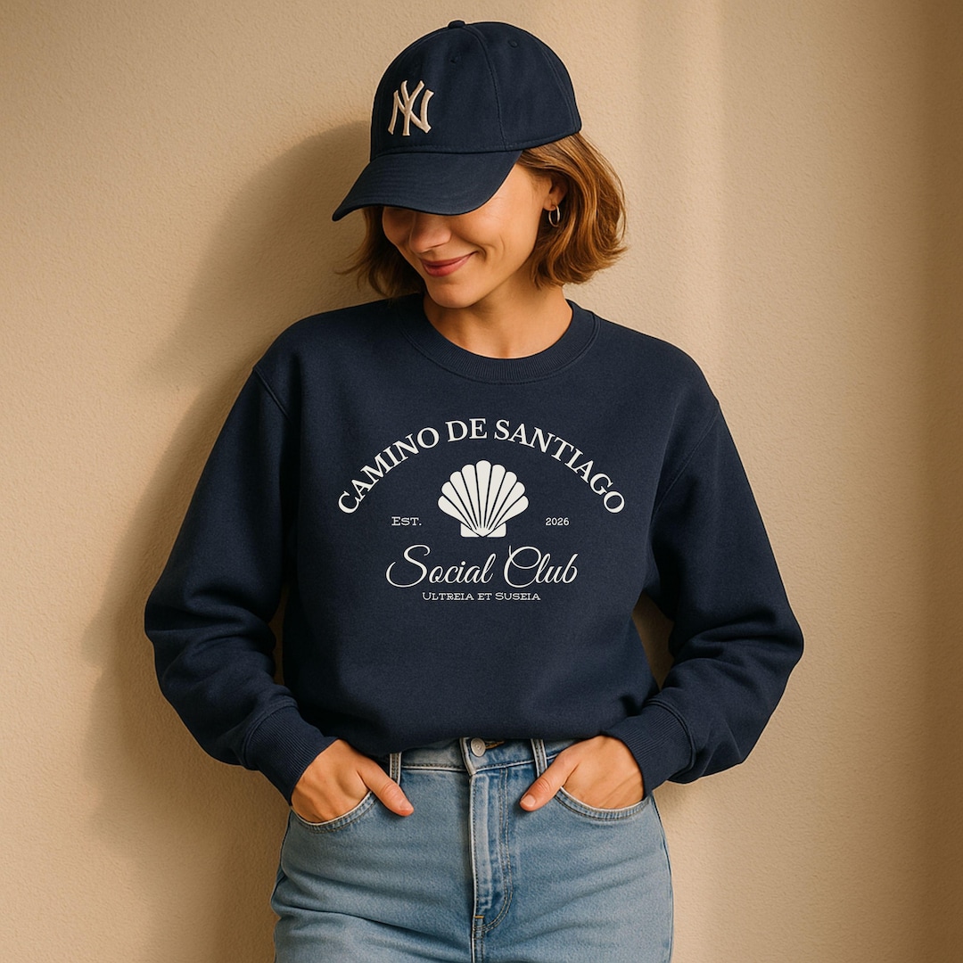 Ultreia Social Club Camino De Santiago Sweatshirt – Navy Beige Shell ...