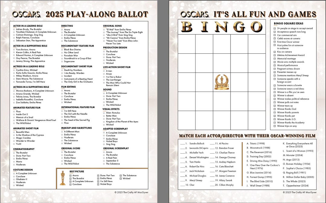 2025 Oscars Printable Ballot and Games Activity Sheet—pdf Letter-sized ...