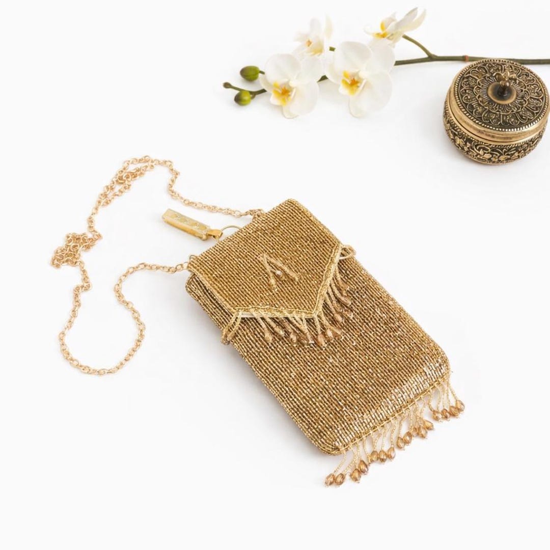 Golden Crystal Beaded Mobile Phone Bag | Handmade Gold Beaded Phone ...