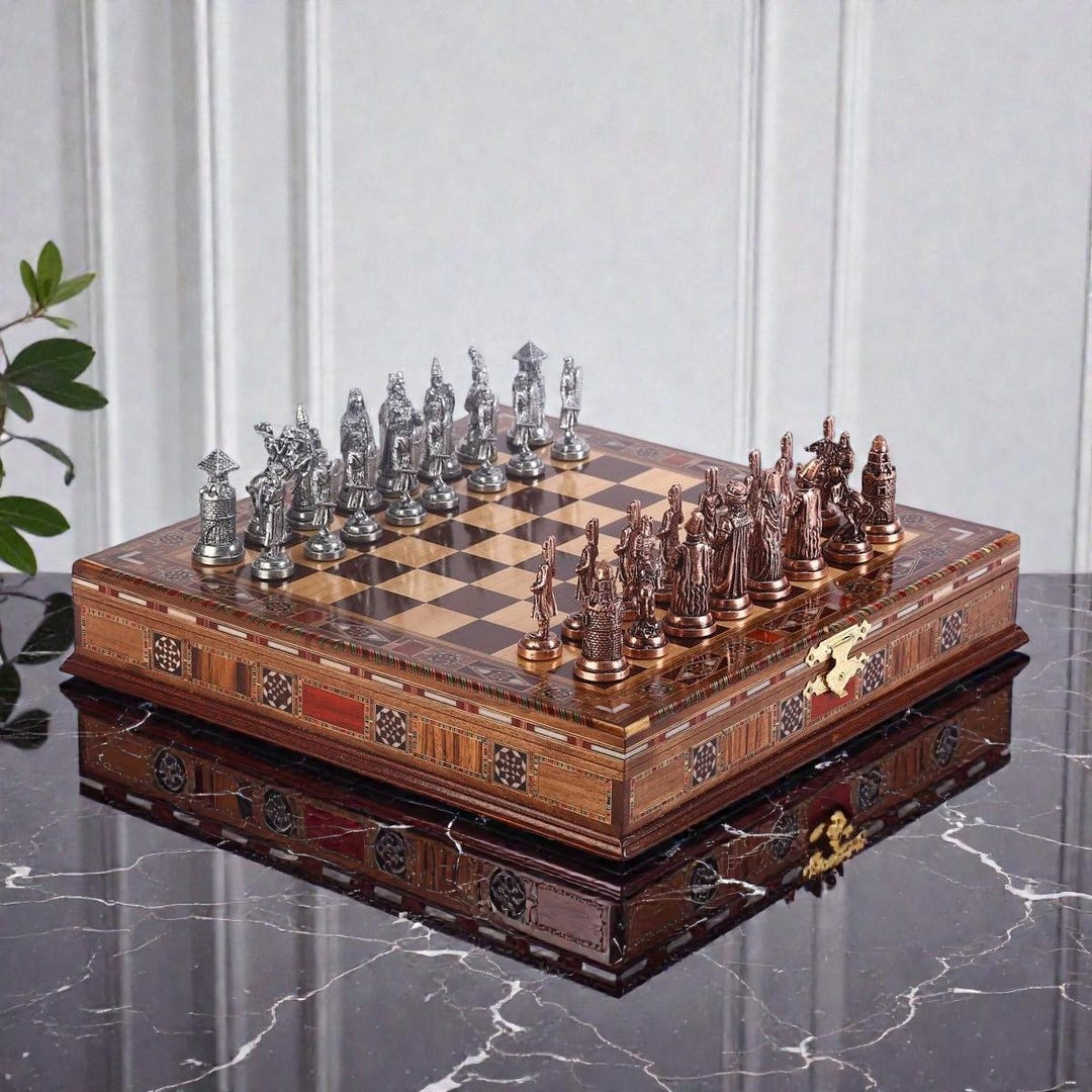 Large Metal Ottoman Byzantine Chess Set With Handmade Solid Wood Inlaid ...