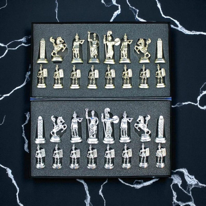 Medium Greek Metal Chess Set | Shiny & Walnut Pattern MDF Wooden Chess ...