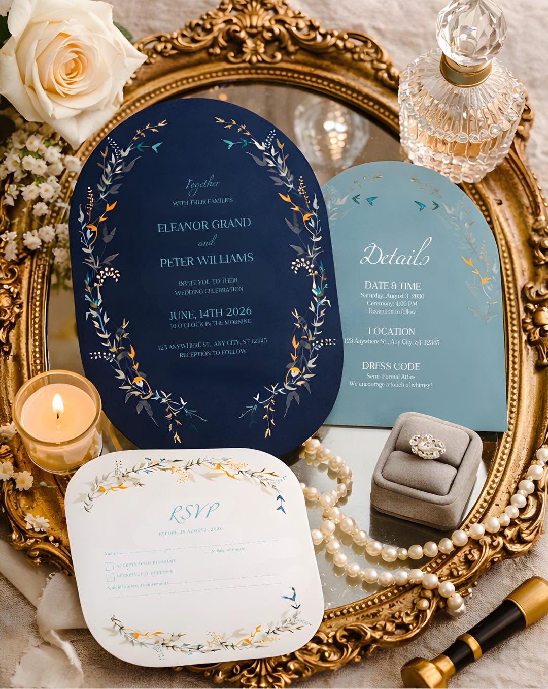 Editable Arch Invitation Template Set, Blue & Gold Floral Invite ...