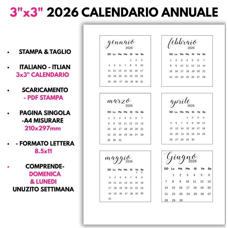 3×3 Calendario Annuale 2026 | Mini Calendario Italiano | Stampa PDF A4 ...