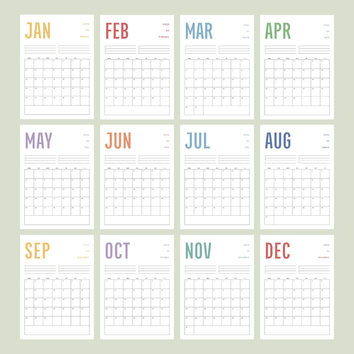2026 Rainbow Pastel Wall Calendar, A3 A4 Letter (printable PDF) - Etsy